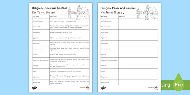Religion, Peace and Conflict Key Words Glossary Activity - Religion; peace;