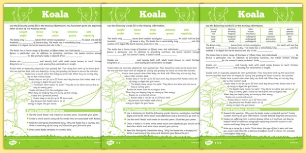 Australian Animals Years 3-6 Koala Differentiated Cloze Passage Worksheet
