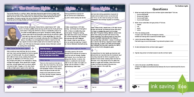 UKS2 The Northern Lights Reading Comprehension Activity