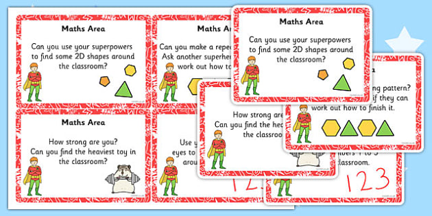 EYFS Superhero Themed Maths Area Challenge Cards - superhero