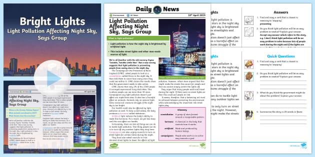 UKS2 Light Pollution Daily News Resource Pack (teacher made)