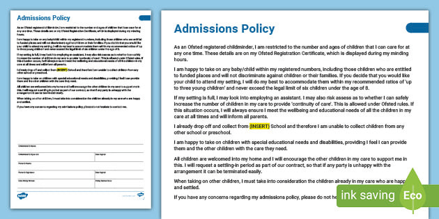 Admissions Policy for Childminders