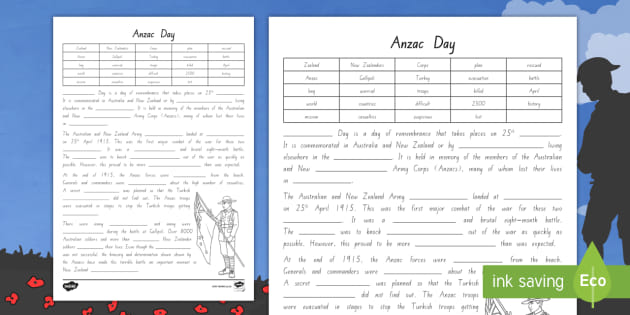 Anzac Day Cloze Worksheet
