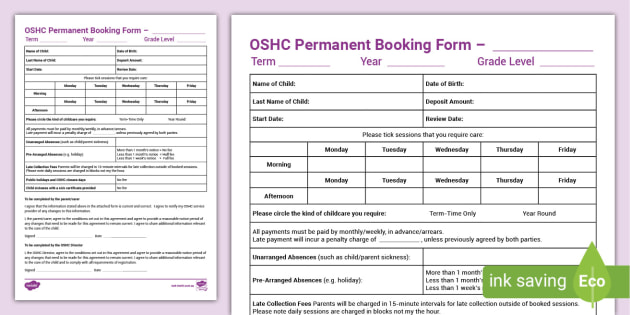OSHC Editable Permanent Booking Form | Australia