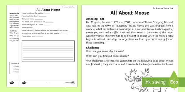 Moose Facts Worksheet / Worksheet (teacher made)