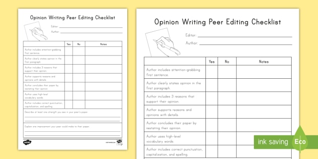 Opinion Writing Peer Editing Checklist - W3.1, peer assessment, work on
