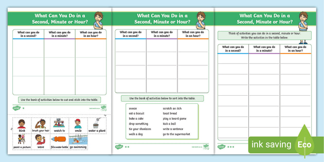 What Can You Do in a Second, Minute, Hour Time Activity Sheet