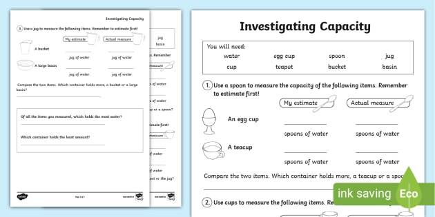 Estimating & Measuring Capacity With Non-Standard Units Activity Sheet