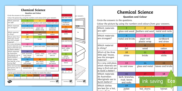 Chemical Science Questions and Colouring Worksheet / Worksheets