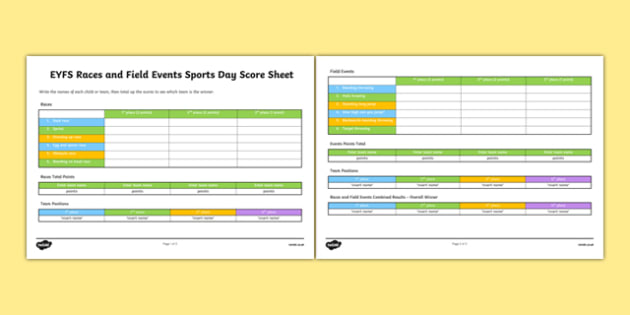EYFS Races and Field Events Sports Day Score Sheet