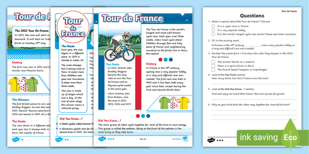 KS1 Tour de France Differentiated Reading Comprehension Activity