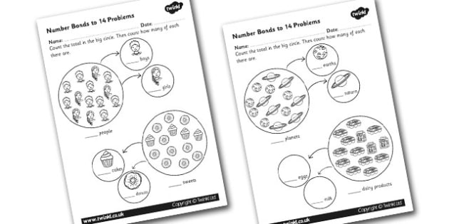 Number Bonds to 14 Problems Worksheet (teacher made)