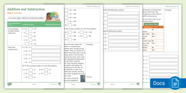 Stage 4 Addition and Subtraction Overview Worksheet