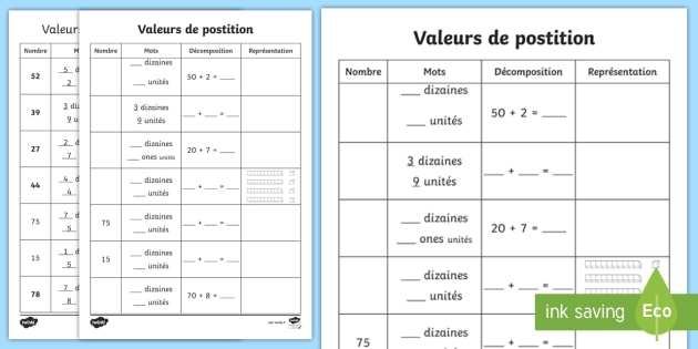 Feuille d'activités : Les valeurs de positions