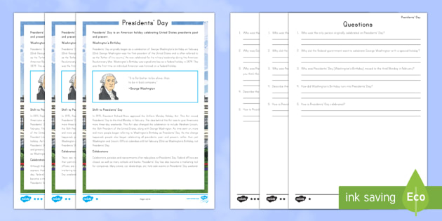Presidents' Day Differentiated Reading Comprehension Activity