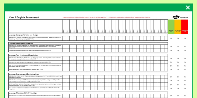 Australian Curriculum Year 3 English Assessment Spreadsheet
