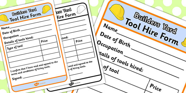 Builders Yard Role Play Tool Hire Form - builders, role-play