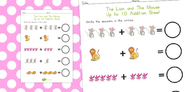 The Lion and the Mouse Up to 10 Addition Sheet