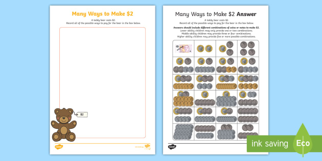 Many Ways to Make $2 Inquiry Worksheet / Worksheet
