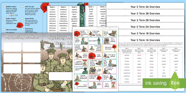 Year 5 World War I Themed Spelling Menu