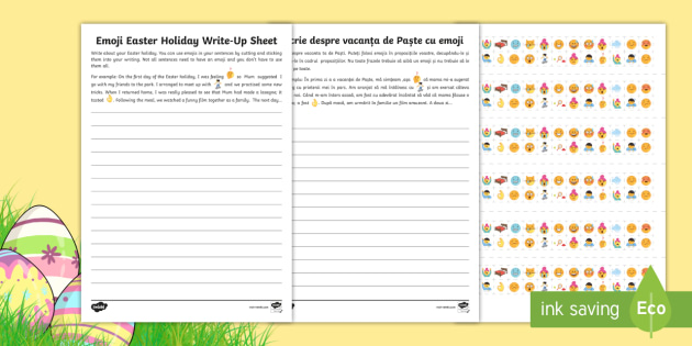 😊 KS2 Emoji Easter Holiday Write Up Worksheet - English/Romanian