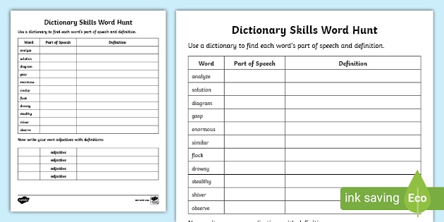 Dictionary Skills Word Table Worksheet / Worksheet