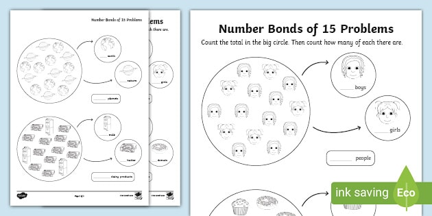 Number Bonds to 15 Problems Worksheet (teacher made)