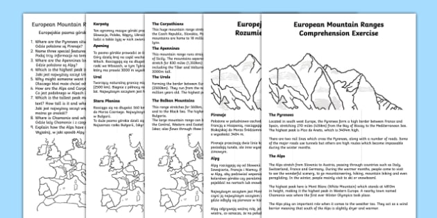 European Mountain Ranges Comprehension Activity English/Polish - European