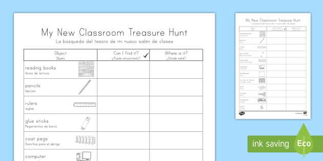 My New Classroom Treasure Hunt English/Spanish