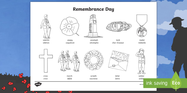 French Remembrance Day Words Colouring Sheet | Twinkl French