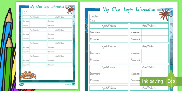 Under the Sea Editable Login Information Sheet