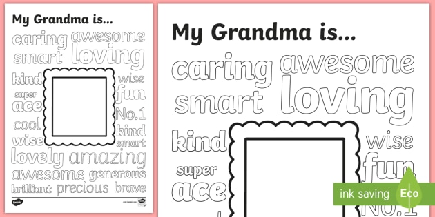 Grandma Describing Words and Drawing Colouring Page Worksheet