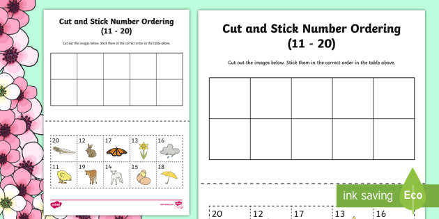 Springtime Themed Cut and Stick Number Ordering Sheets 11-20 - number