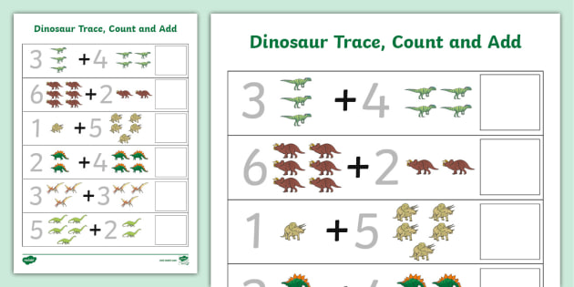 Dinosaur Themed Trace, Count and Add Activity Sheet