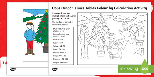 👉 Oops Dragon Times Tables Colour by Calculation Maths Worksheet