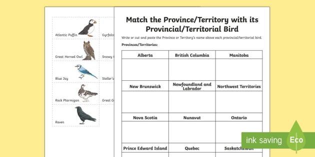 Canadian Province or Territory and Official Bird Match and Draw
