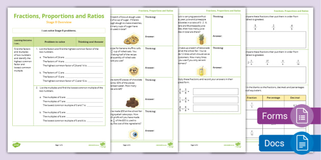 Stage 8 Fractions Overview Activity Sheet (teacher made)