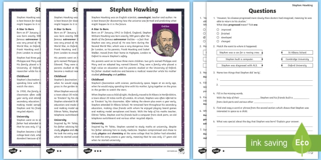 UKS2 Stephen Hawking Differentiated Reading Comprehension Activity