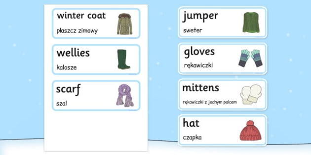 Winter Clothes Word Cards Polish Translation (teacher made)