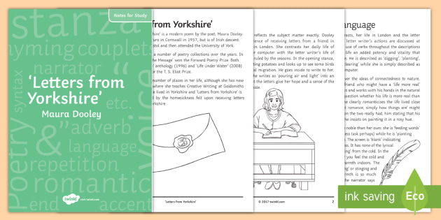 'Letters from Yorkshire' by Maura Dooley Notes for Study