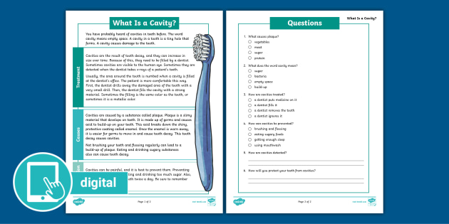 Third Grade What Is a Cavity? Reading Comprehension Activity