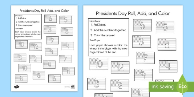 Presidents Day Roll, Add, and Color Activity | Twinkl
