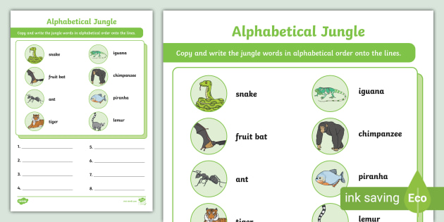 Jungle Themed Alphabet Ordering Worksheet