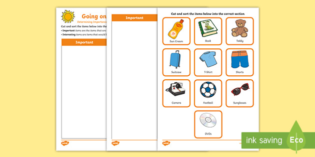 Going on Holidays - Determining Importance: Cut and Stick Activity