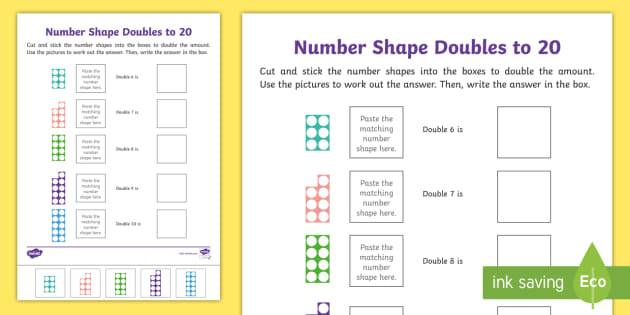 Number Shape Doubles to 20 Cut and Stick Worksheet