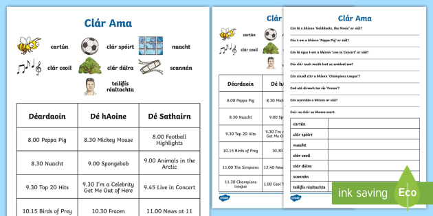 TV Schedule Worksheet Gaeilge - Teilifís, Sceideal, clár, Television