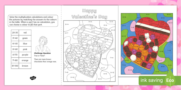👉 Valentine’s Day Card Colour by Calculation Times Tables
