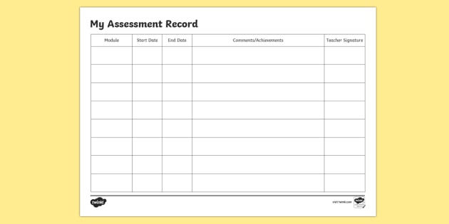 My Personal Record Editable Assessment Tracker