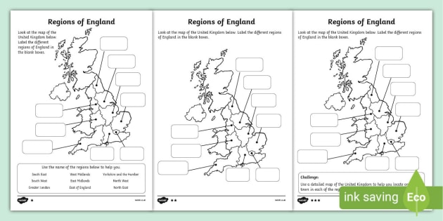 Regions of England Labelling Worksheet (teacher made)