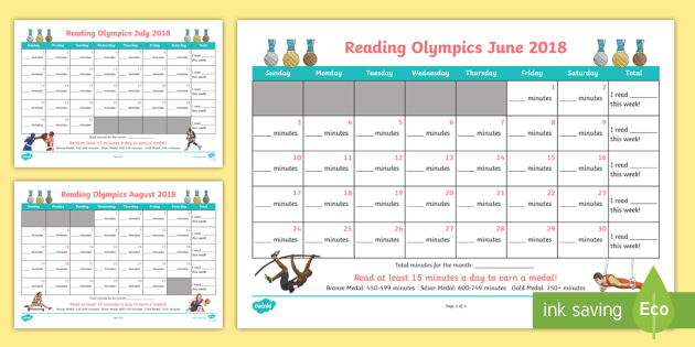 Summer Reading Olympics Calendars Month to a Page Calendar